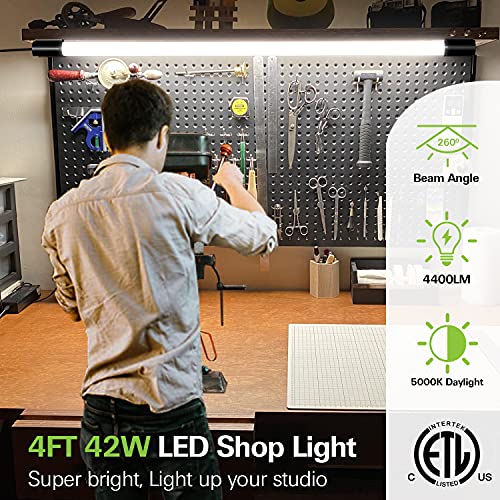 hykolity Linkable LED Shop Light for Garage, 4400lm, 4FT 42W Utility Light Fixture, 5000K Daylight LED Workbench Light W/Plug [250W Equivalent] Hanging or Surface Mount, Black - 4 Pack ETL