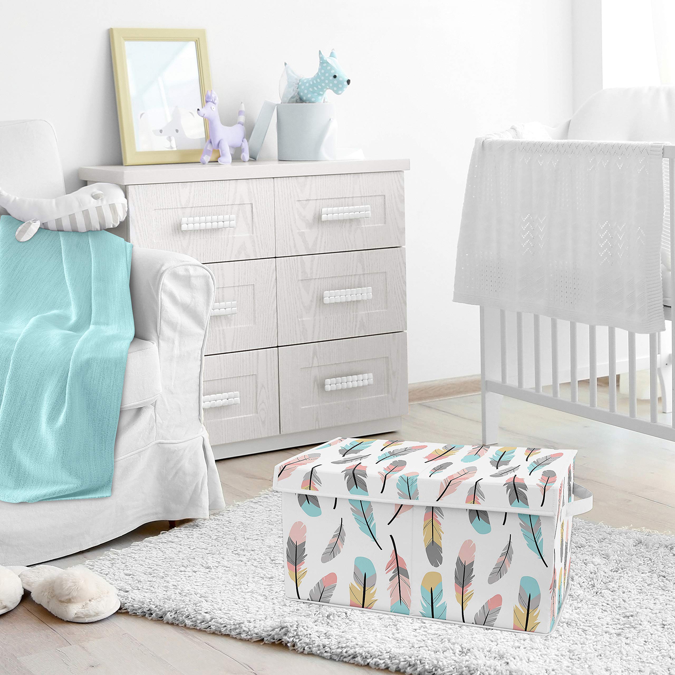 Sweet Jojo Designs Turquoise and Coral Boho Girl Baby Nursery or Kids Room Small Fabric Toy Bin Storage Box Chest for Feather Collection