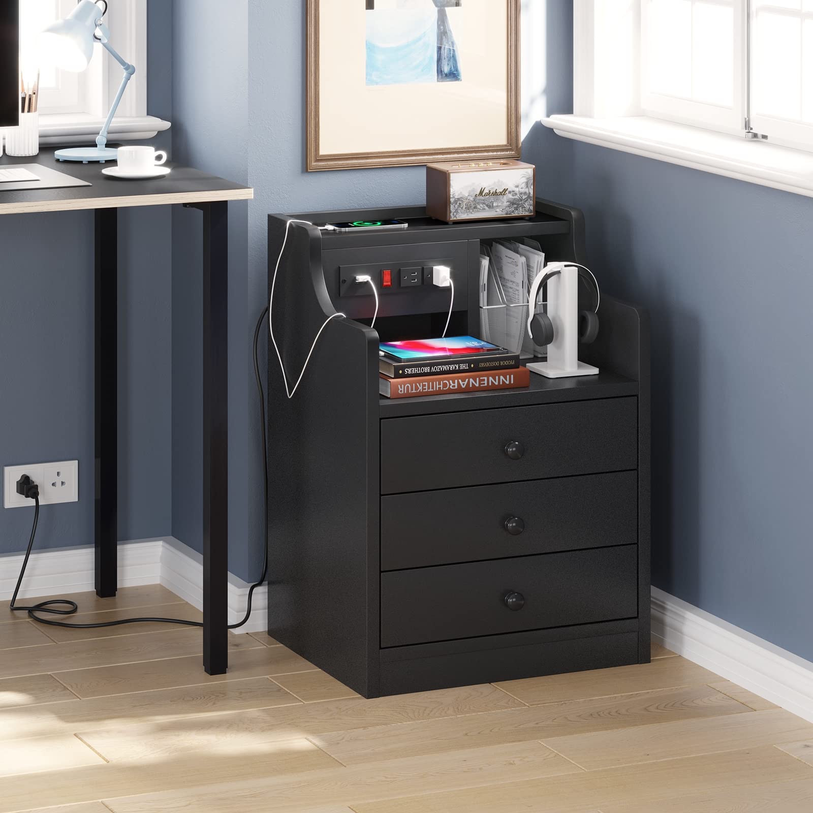 ADORNEVE Nightstand Set 2,Gray Nightstand with Charging Station & Hutch,Night Stands for Bedrooms Set of 2,Bedside Table with Drawers