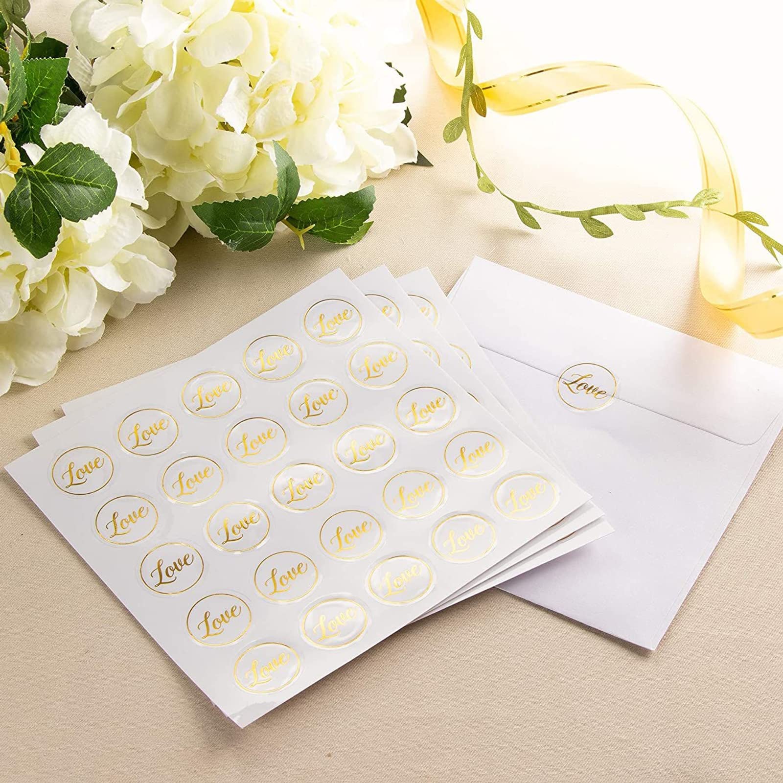 Clear Stickers - 200-Count Wedding Stickers, Gold Envelope Seal Stickers with Love, Adhesive Label for Bridal Shower Invitation, Wedding Invite, Birthday Card, 1 Inches Diameter