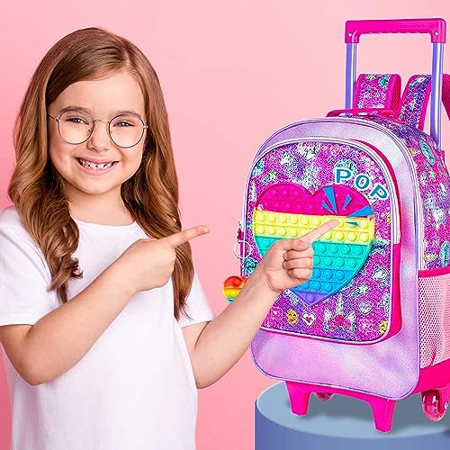 CCJPX 3PCS Kids Rolling Backpack for Girls, Unicorn Roller Wheeled Bookbag Toddler Elementary School Bag with Wheels Purple