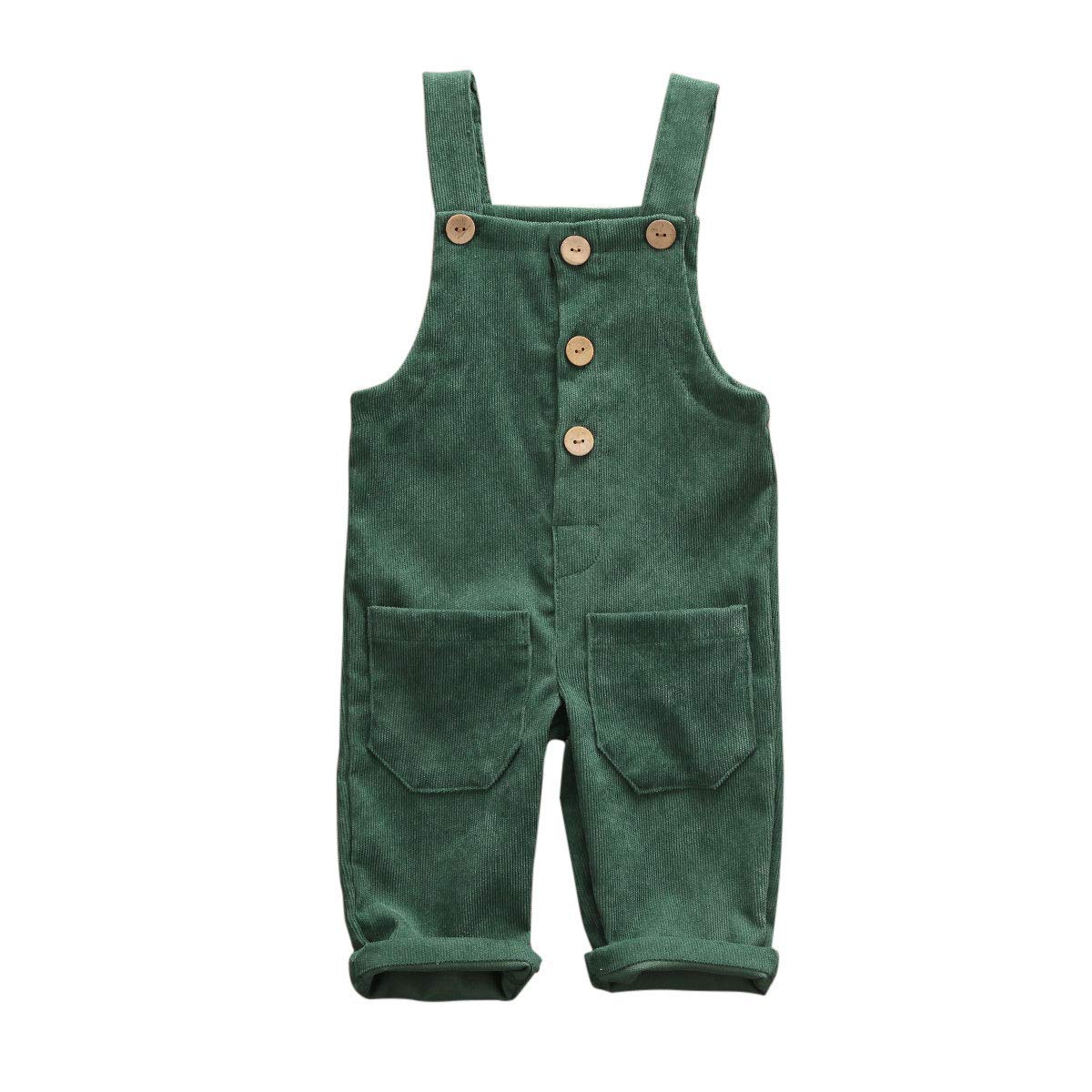 Liyamiee Baby Boy Girl Corduroy Overalls Solid Suspender Bib Pants One-Piece Strap Jumpsuit Pocket Fall Winter Outfit (Green Overall, 12-24 Months) …