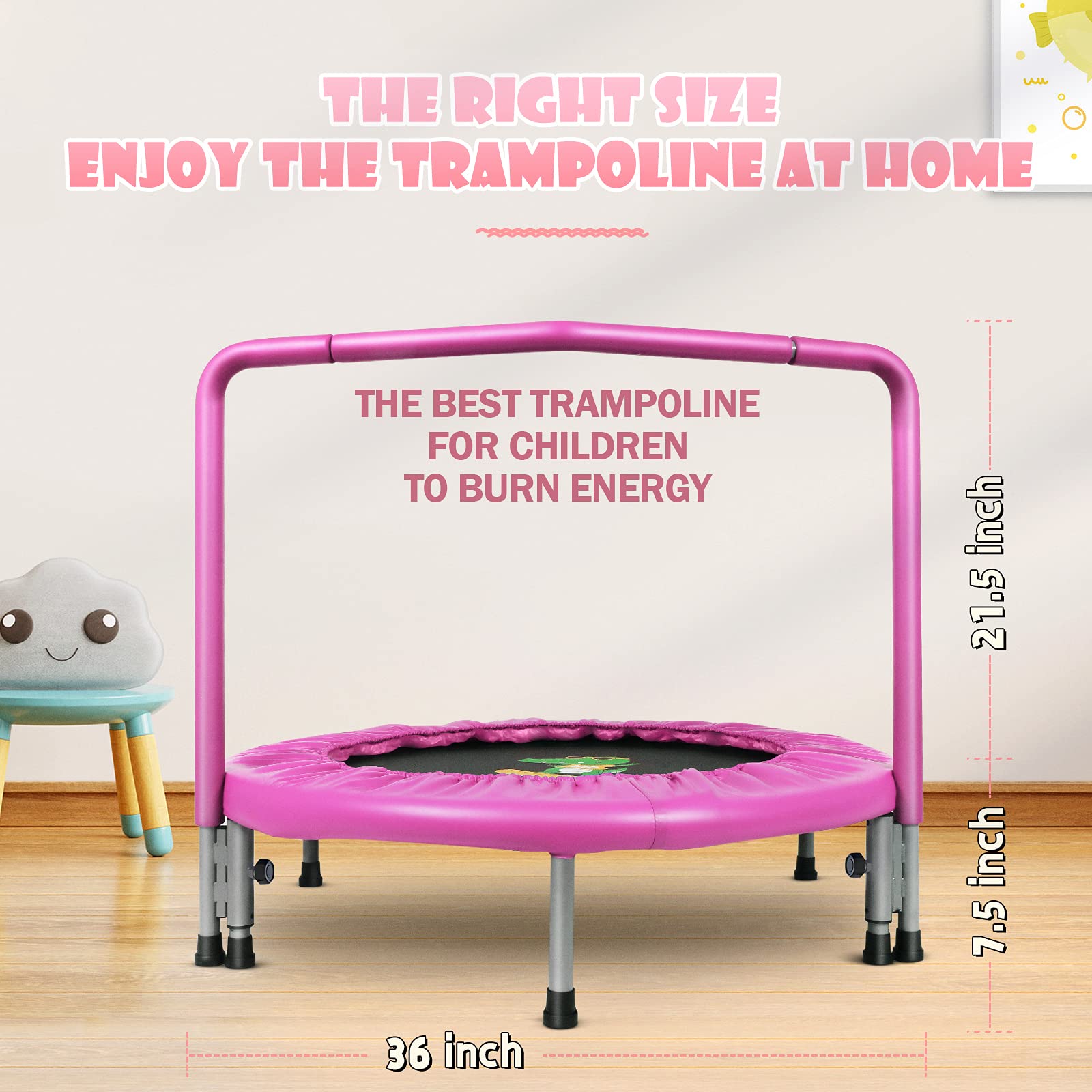 BCAN 36'' Mini Folding Ages 2 to 5 Toddler Trampoline with Handle for Kids, Two Ways to Assemble The Handle, Indoor/Garden Trampoline with Super Safe Padded Cover