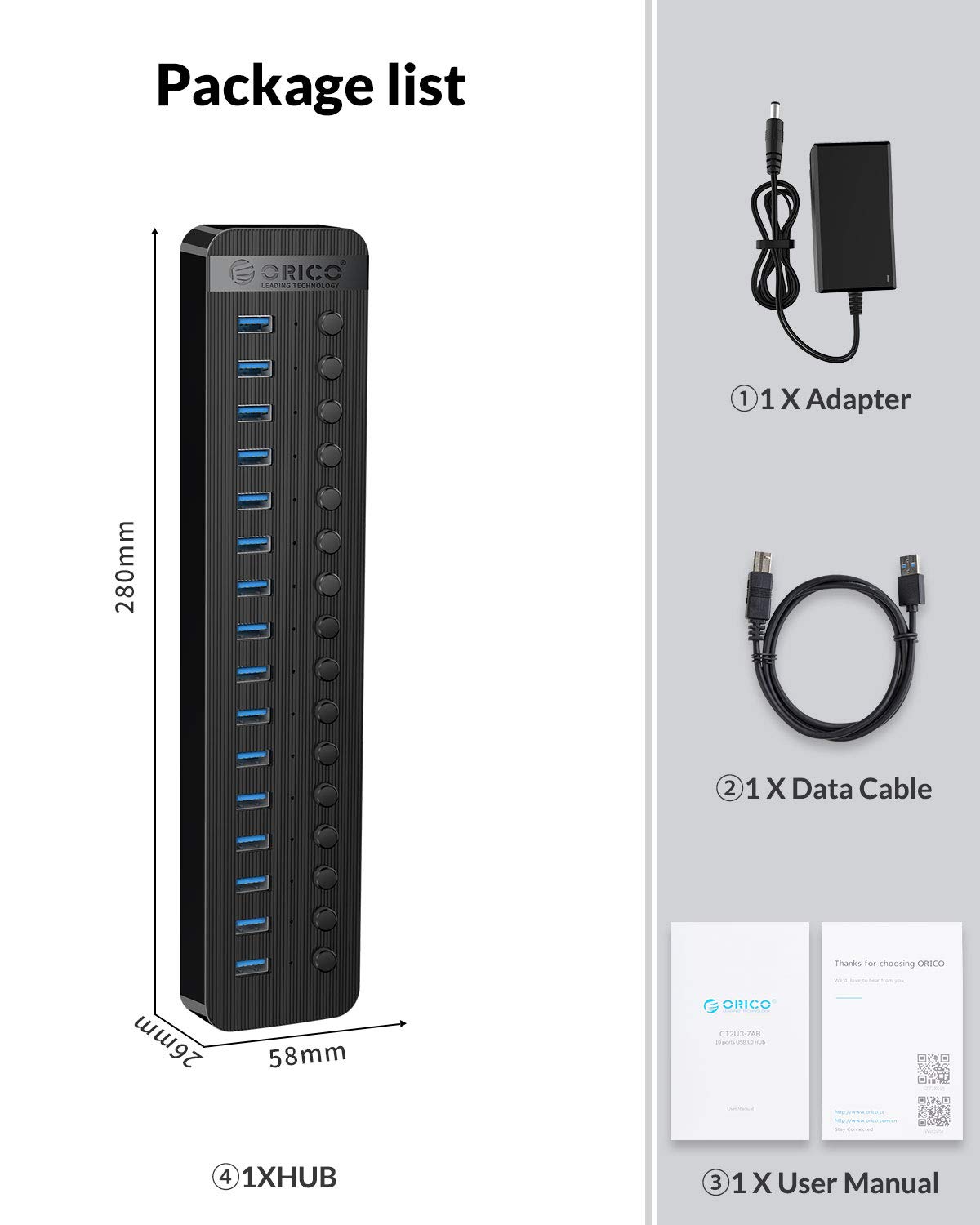 ORICO Powered USB Hub, 16 Ports 78W USB 3.0 Data Hub with BC1.2 Charging Individual On/Off Switches and 12V/6.5A Power Adapter for Desktop Computer, PC, iMac, Mobile HDD, Flash Drive
