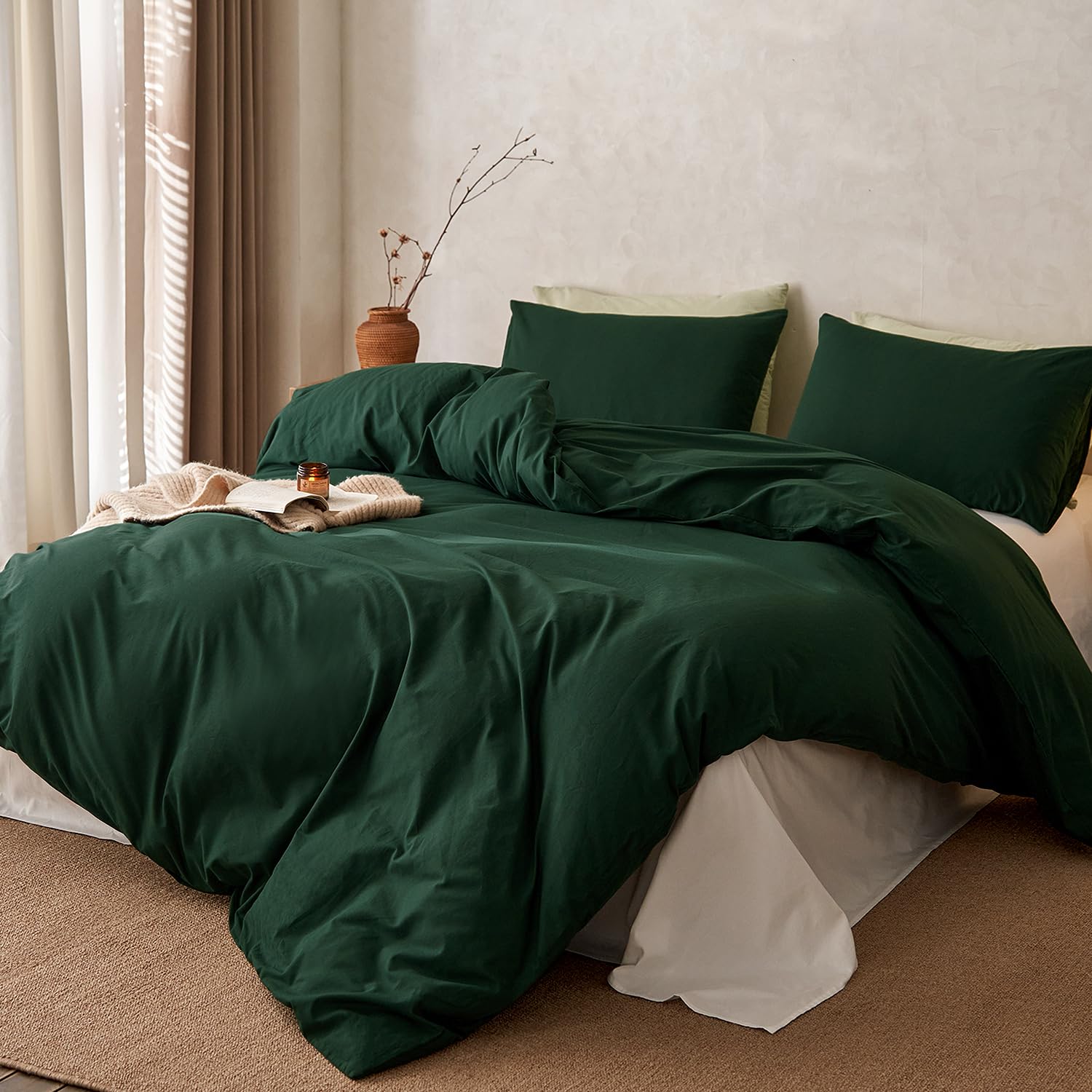 TOCOMOA Duvet Cover Set King Size, 100% Washed Cotton Like Linen Textured, 3 Piece Dark Green Bedding Set Soft Breathable, Ideal for Sweating Groups, Simple Style Farmhouse Comforter Cover