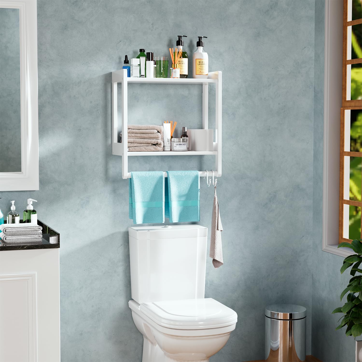 ADREMAN Bathroom Shelf Wall, Over The Toilet Storage Shelves Bamboo Bathroom Shelf Organizer Floating Wall Mounted with Hook and Hanging Rod for Bathroom,Kitchen,Toilet,Living Room (White)