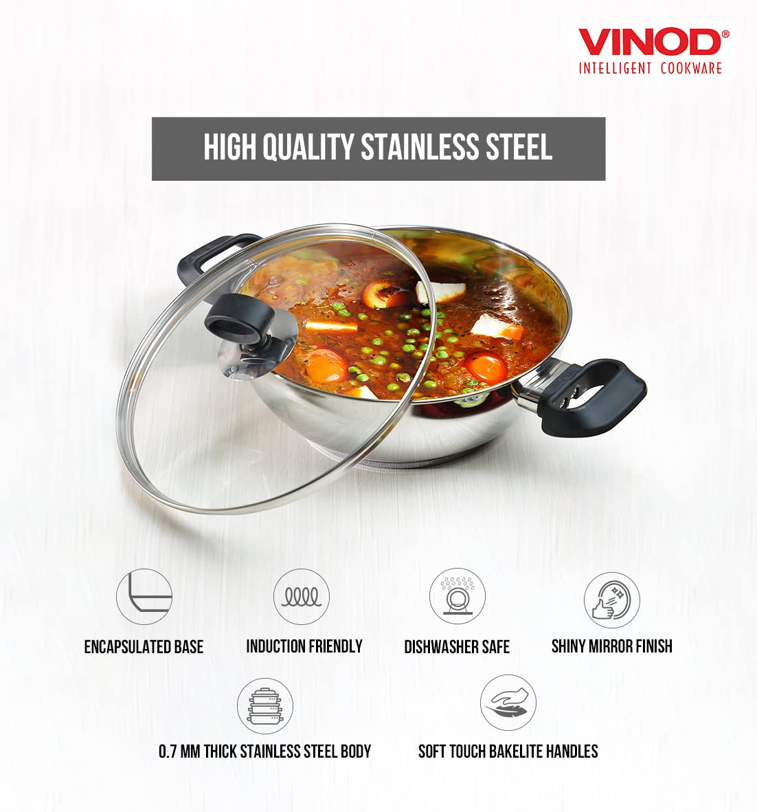 Vinod Stainless Steel Kadhai | Deluxe Wok With Glass Lid | Induction Friendly | Sandwich Bottom | 18cm Capacity | 1.6 Liters | Small-Size | Multi-Use Pot | Suitable For Indian Cooking, Gravy, Stews