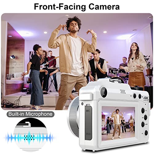 BooHAN Digital Camera,UHD 4K&48MP Video Camera for Photography,Vlogging Youtube,Auto-Focus,18X Zoom,Dual Cameras, Multi-Filters,Travel Portable Beginners,Adults,Teens,Kids-White,(X9)