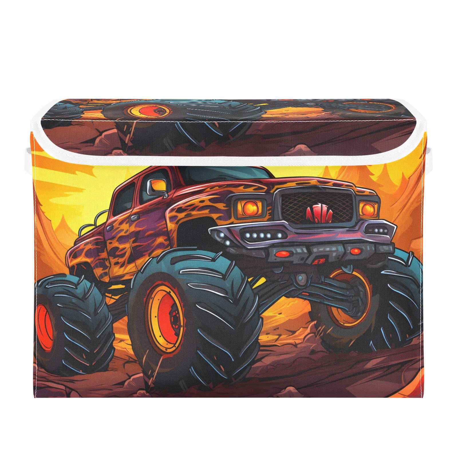 Vnurnrn Monster Truck Sports Storage Cube with Lid Collapsible, Large Capacity Foldable Storage Basket Bin Organizer 16.5Γ12.6Γ11.8 IN