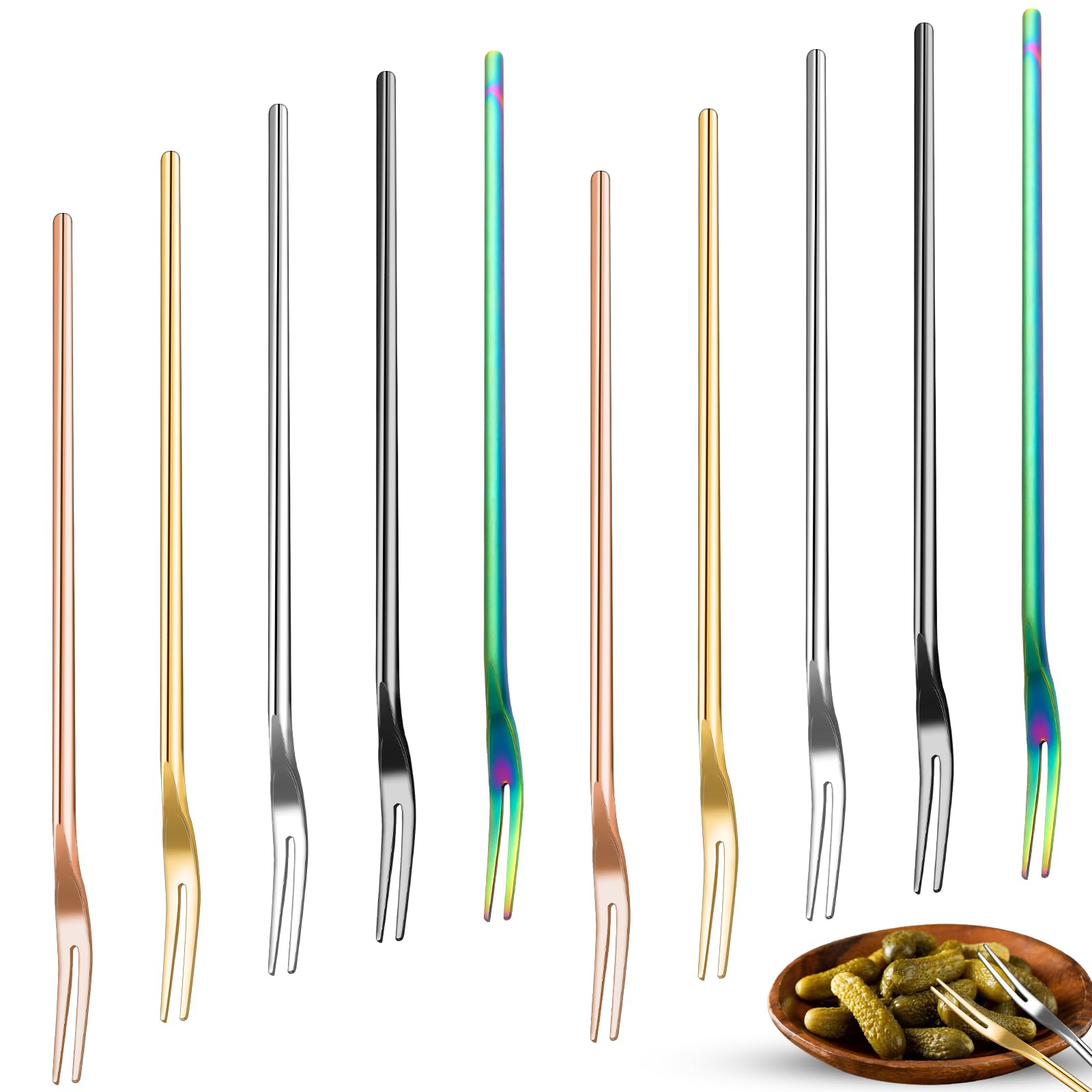 Aemygo 10 Pcs Pickle Fork, Olive Fork with Long Handle, 8.2inch Stainless Steel Cocktail Forks, Pickle Grabber for Appetizer, Dessert, Salad Fruits