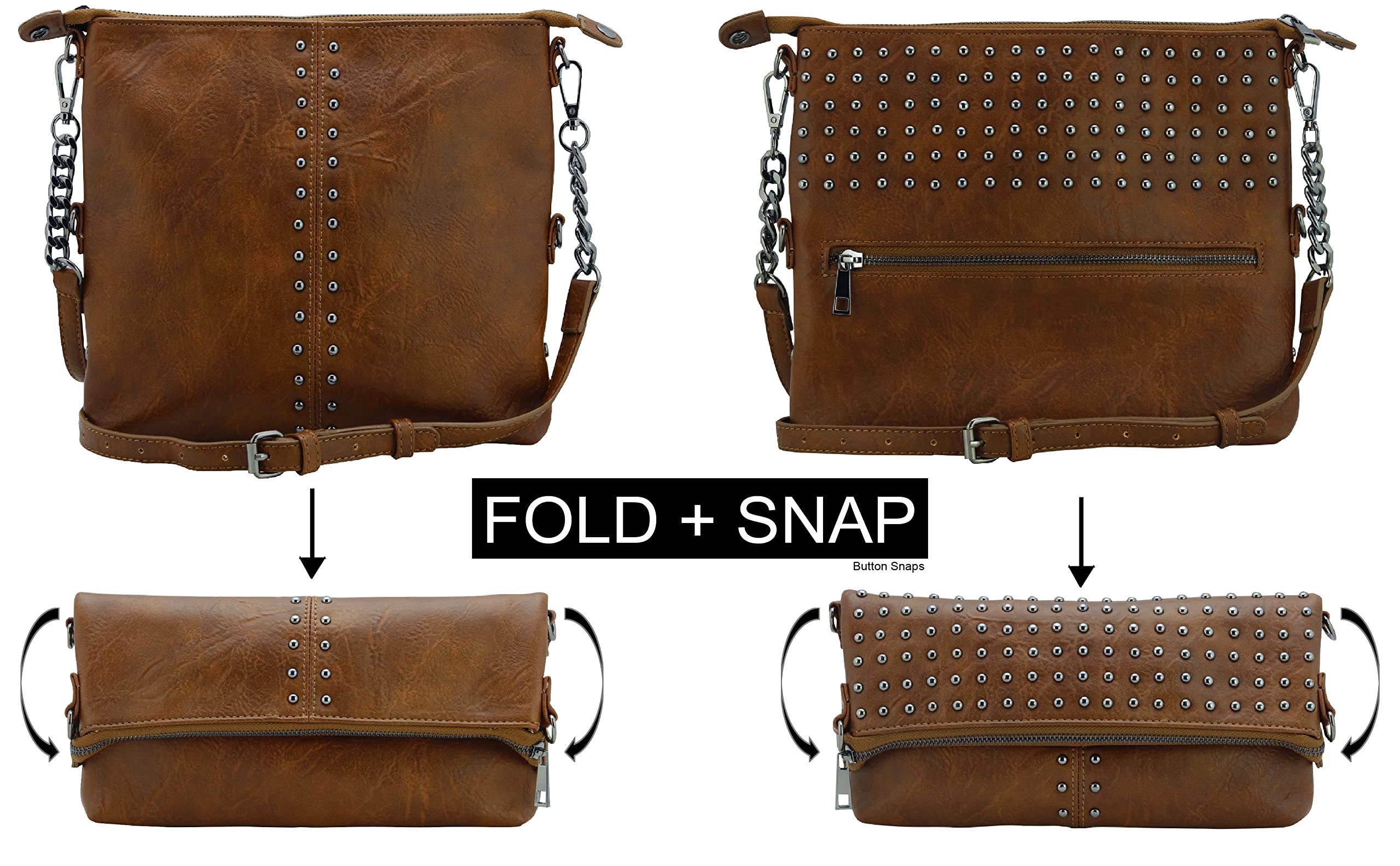 K&Bo Stevie Women’s Studded Chain Crossbody Handbag Purse Brown, Rocker Chic Boho Medium, Converts to Clutch Bag, Lightweight