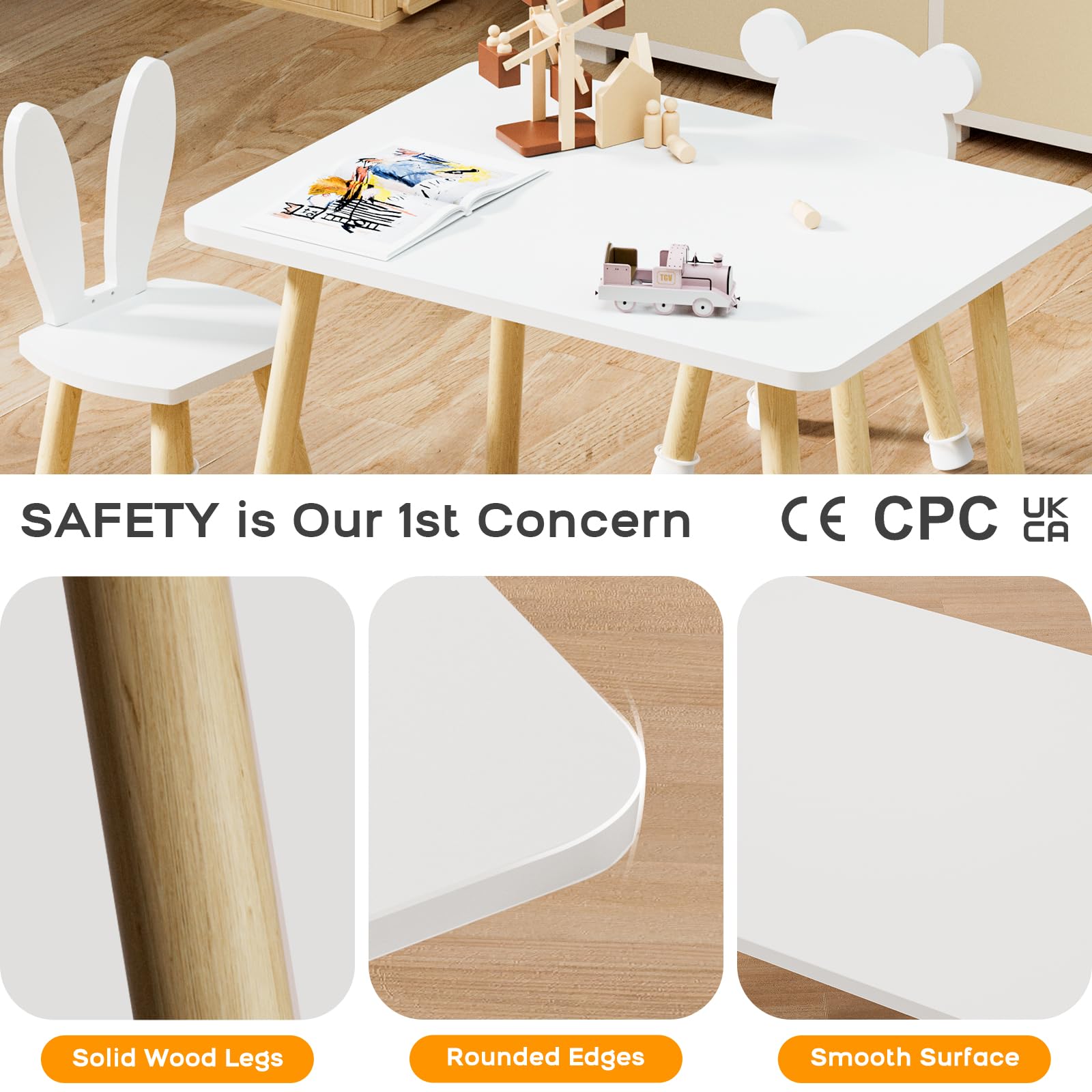 BanaSuper Table & Chair Set - Wooden Weaning Table with 4 Animal-Themed Chairs for Arts & Crafts, Snack Time, and Homework, Ideal for Learning & Development Furniture (White)