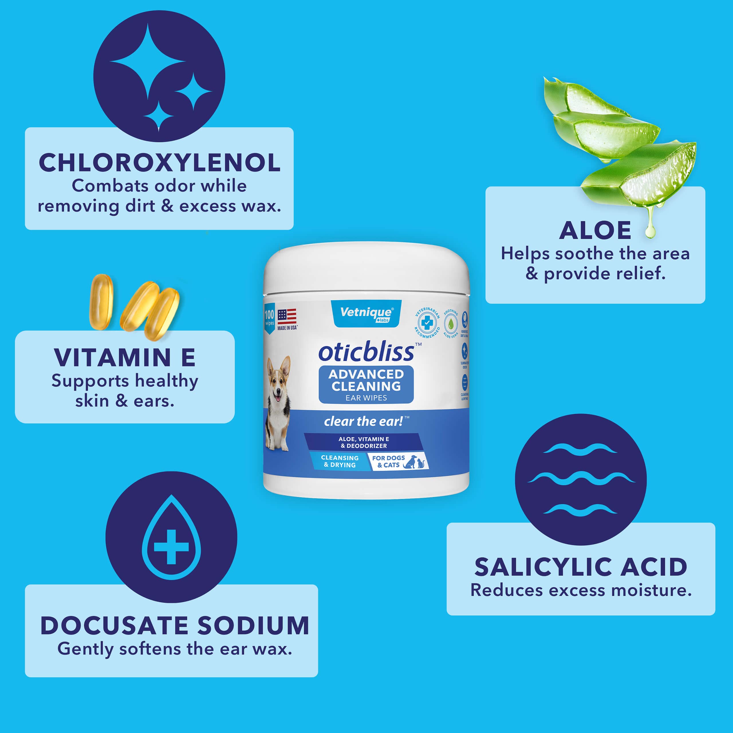 Oticbliss Medicated Ear Drops and Oticbliss Advanced Cleaning Wipes (100 Ct) Bundle Advanced Ear Cleaning Solutions with Medicated Ear Drops for Dogs Plus Dog Ear Cleaning Wipes with Aloe