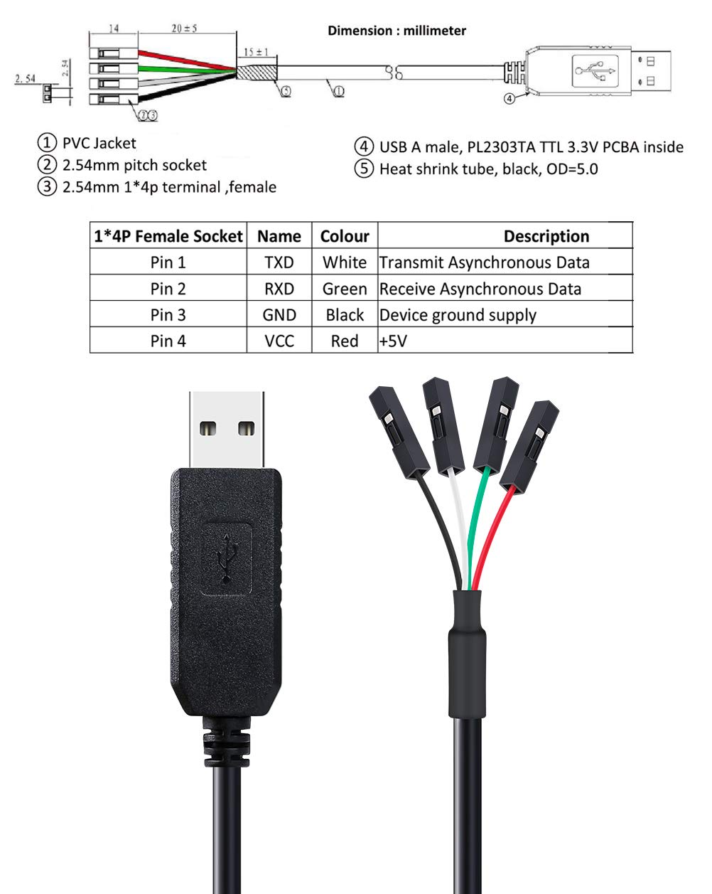 DTech USB to TTL Serial 3.3V Adapter Cable TX RX Signal 4 Pin 0.1 inch Pitch Female Socket PL2303 Prolific Chip Windows 10 8 7 XP Vista (6ft, Black)