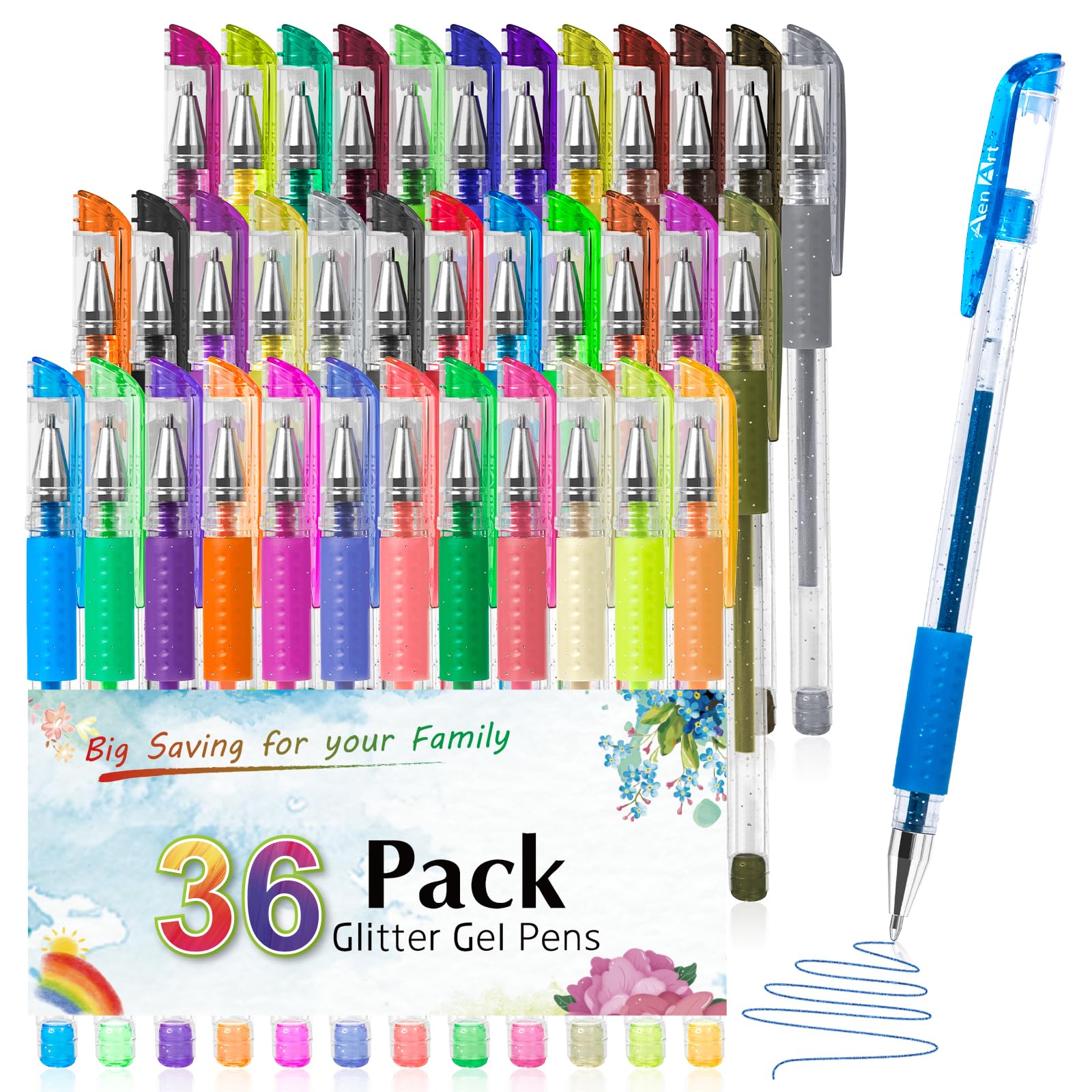 Aen Art Glitter Gel Pens for Adult Coloring Books, 36 Colors Gel Marker Set Colored Pen with 40% More Ink for Kids Drawing, Doodling, Crafts and Taking Note