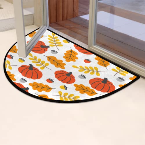Autumn Pumpkin Half Round Doormat, Fall Thanksgiving Harvest Non-Slip Half Circle Area Rug Durable Washable Welcome Mats for Front Door Indoor Outdoor Patio Home Kitchen Absorbent Doormats 24 x 36 in