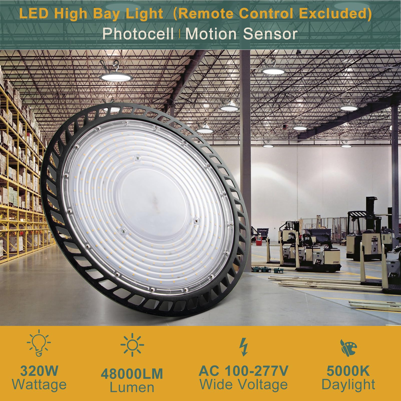ACOHOOK Smart 320W LED High Bay Light with Motion Sensor, 48000lm (Eqv.1200W MH/HPS) High Bay LED Shop Light 100-277V Commerical Grade UFO Lights(Remote Buy Separate)