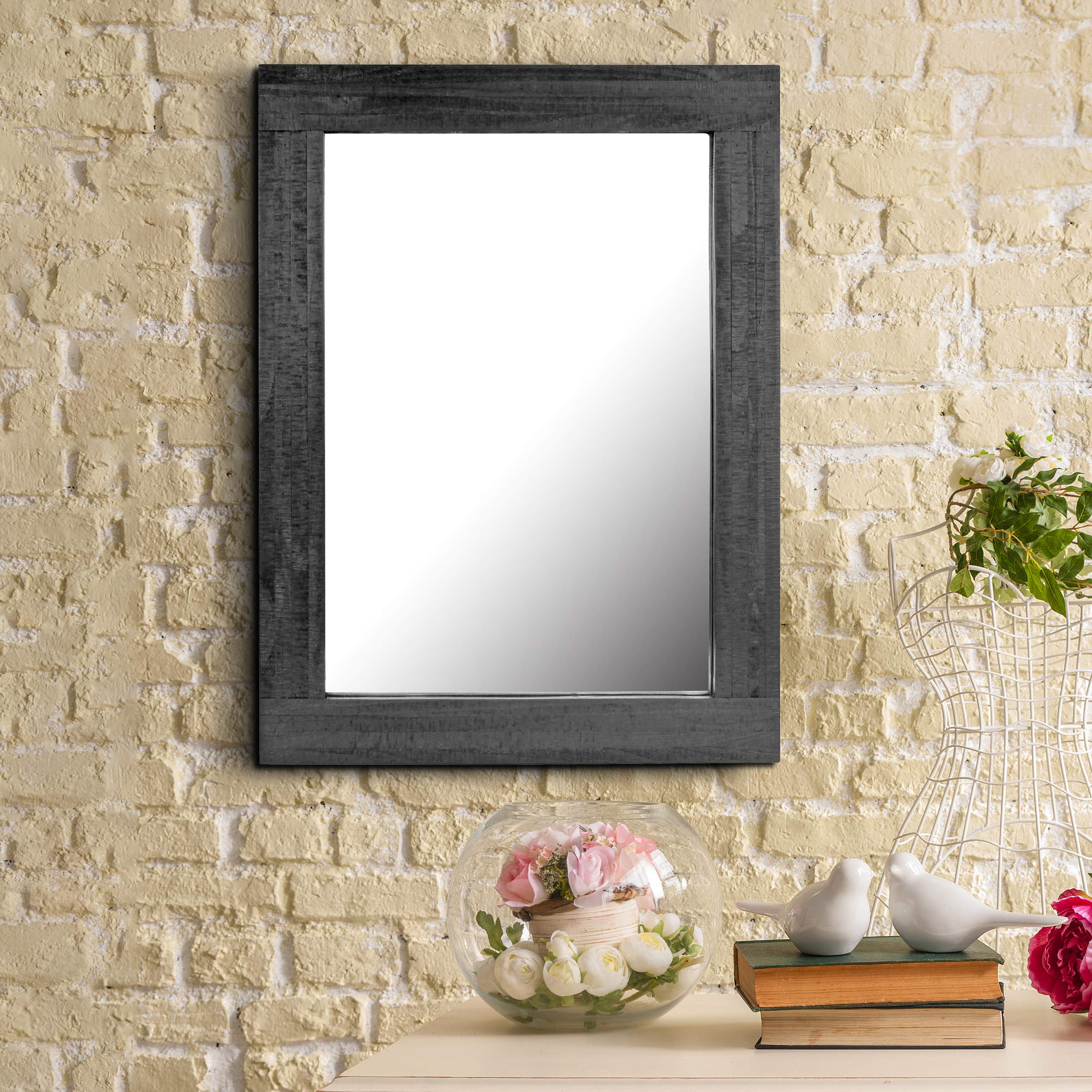 Stonebriar 24" x 18" Rectangle Black Wood Frame Wall Mirror with Attached Hanging Brackets, Decorative Country Rustic Decor for The Living Room, Bedroom, Bathroom, Hallway, and Entryway