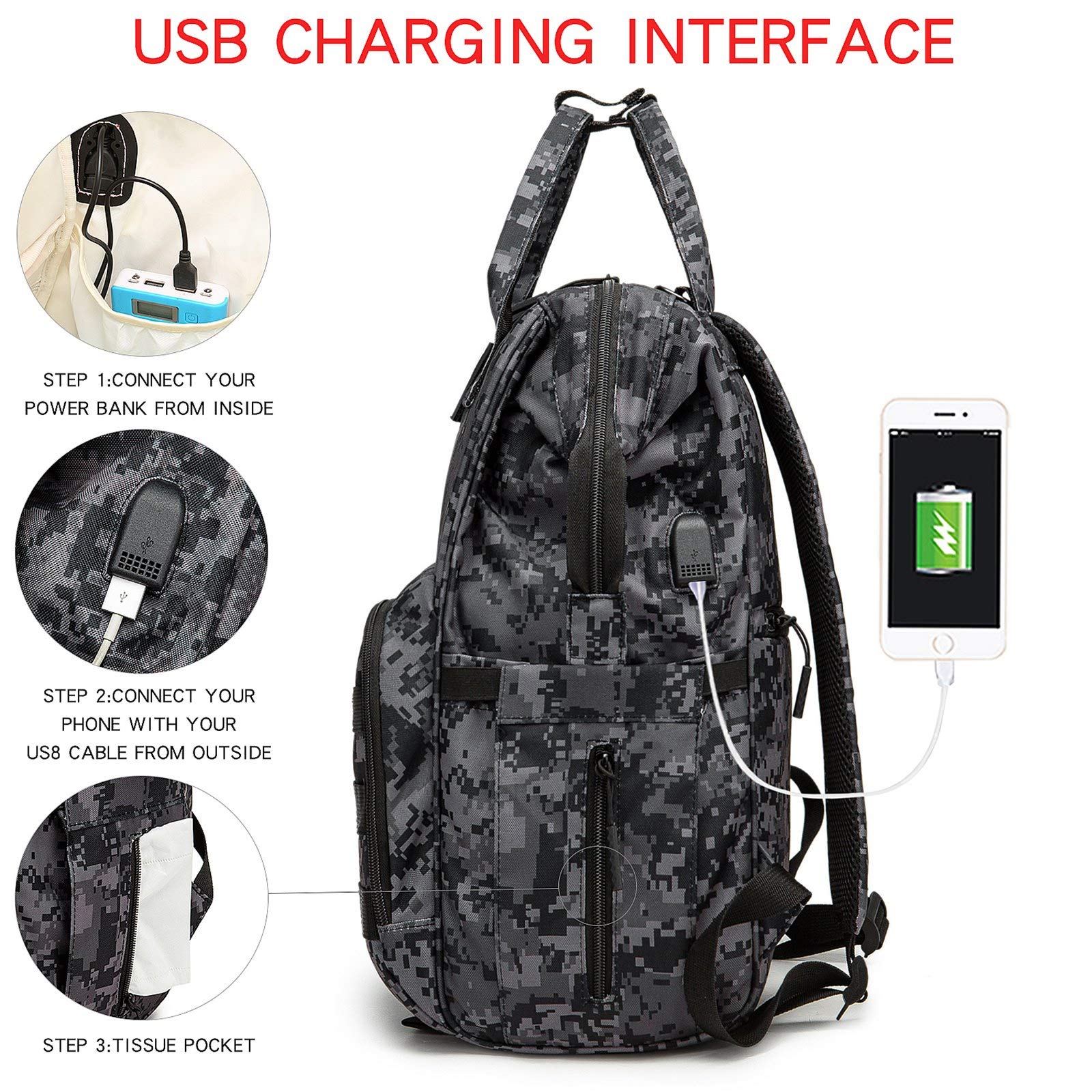 QWREOIA Diaper Bag Backpack with USB Charging Port Stroller Straps and Insulated Pocket,army military Travel Nappy Backpack for Dad/Mom (Black Camo)