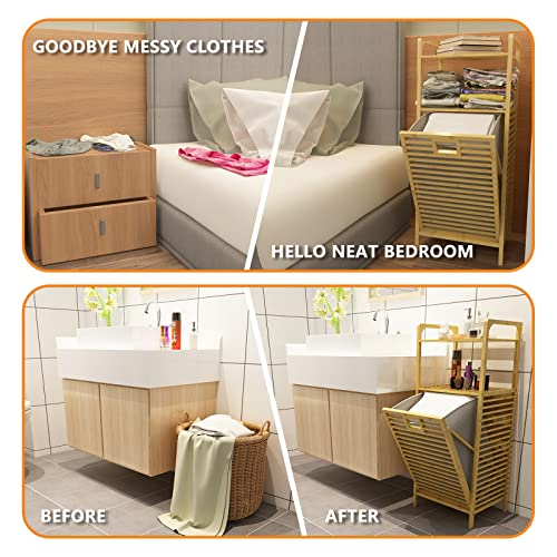 Bamboo Laundry Hamper Basket with Liner Bag Storage - Clothes Hamper with Handles 2-Tier Shelves Space Saving Laundry Room Shelves for Bathroom Living Room Bedroom Decorate