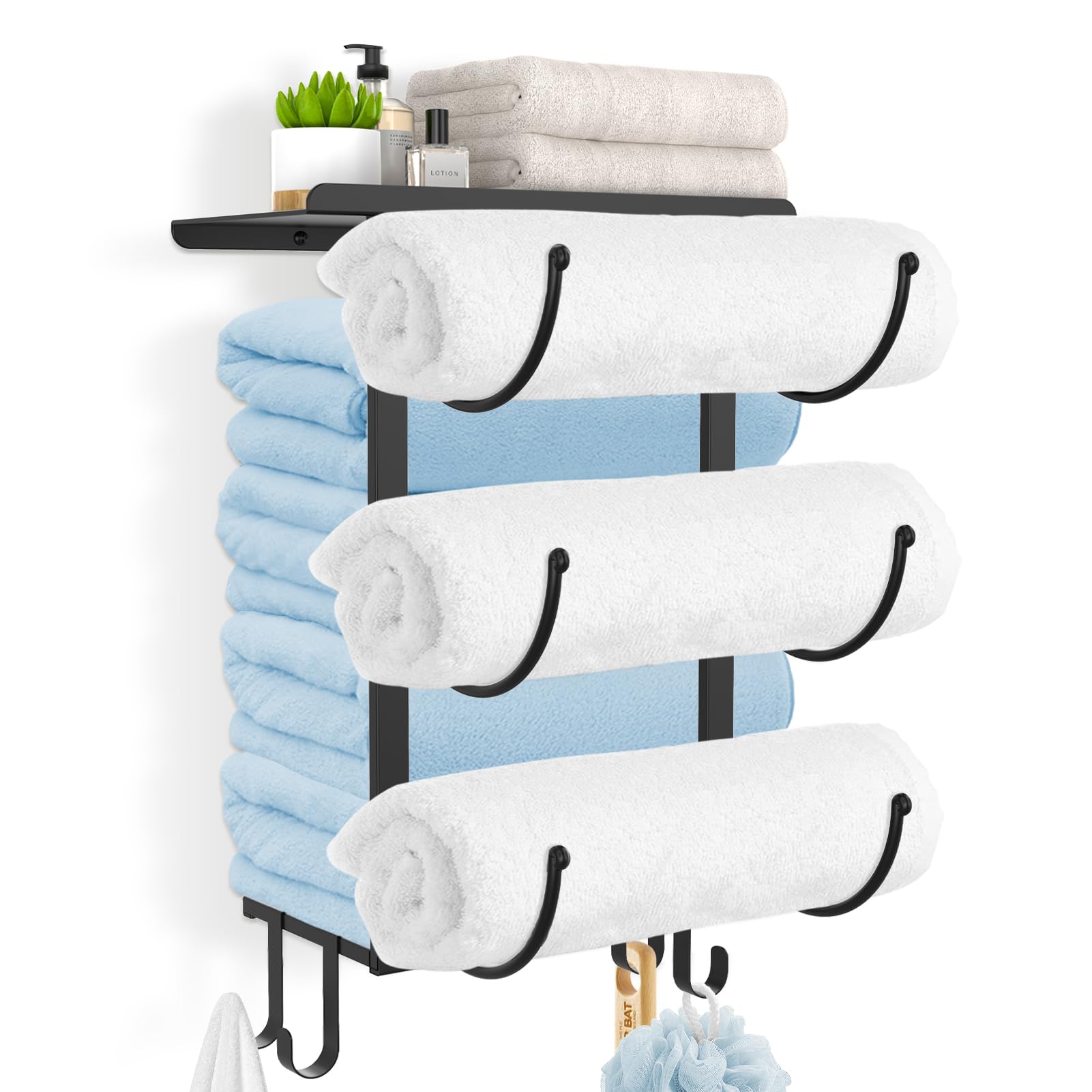 Wall Mounted Towel Rack for Rolled Towels, Oppro Double-Sided Wall Towel Storage for Small Bathroom with Shelf & Hooks, Upgrade Bath Towel Racks Holds 6 Large Size of Rolled Towel, Black