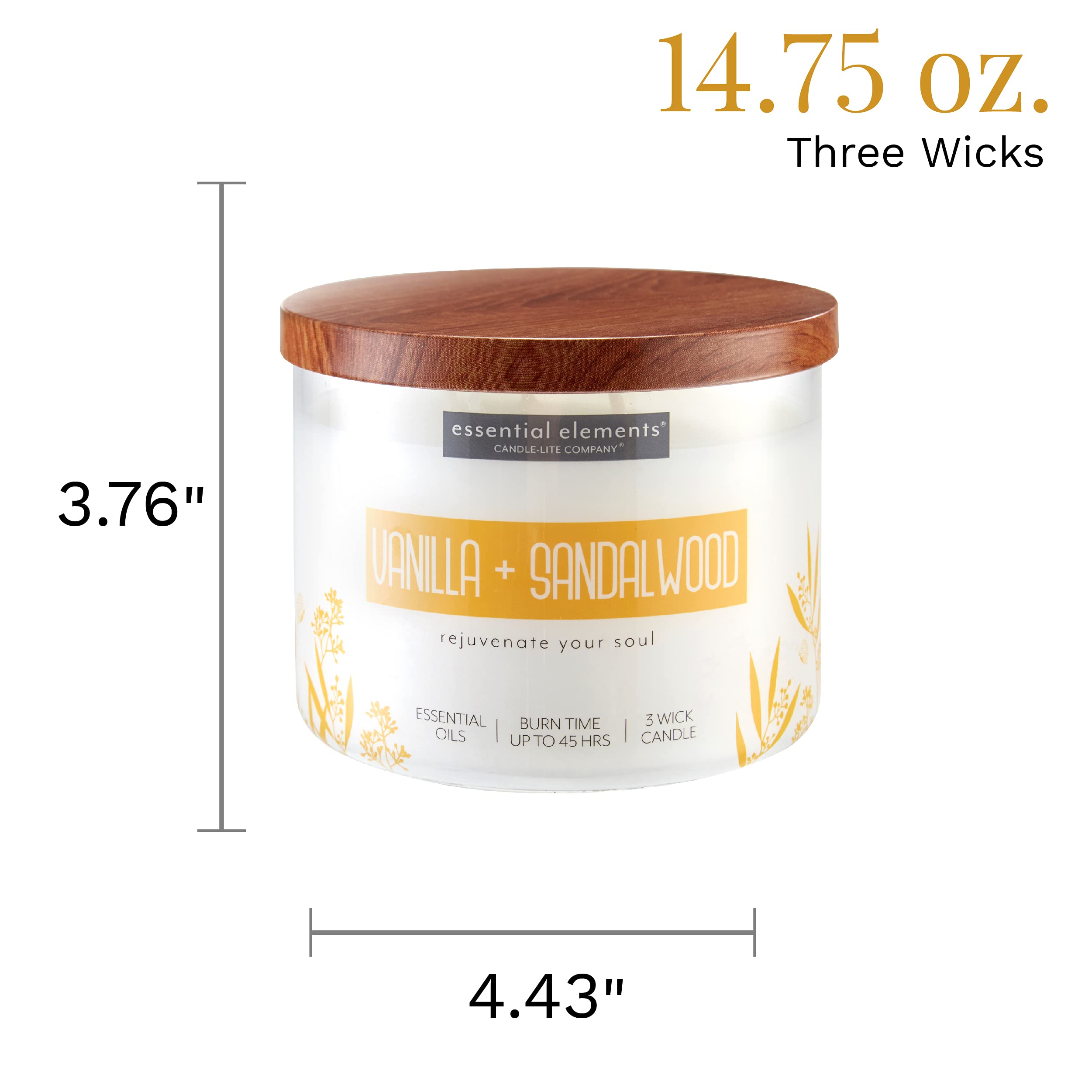Essential Elements by Candle-lite Scented Candles, Vanilla & Sandalwood Fragrance, One 14.75 oz. Three-Wick Aromatherapy Candle with 45 Hours of Burn Time, Off-White Color
