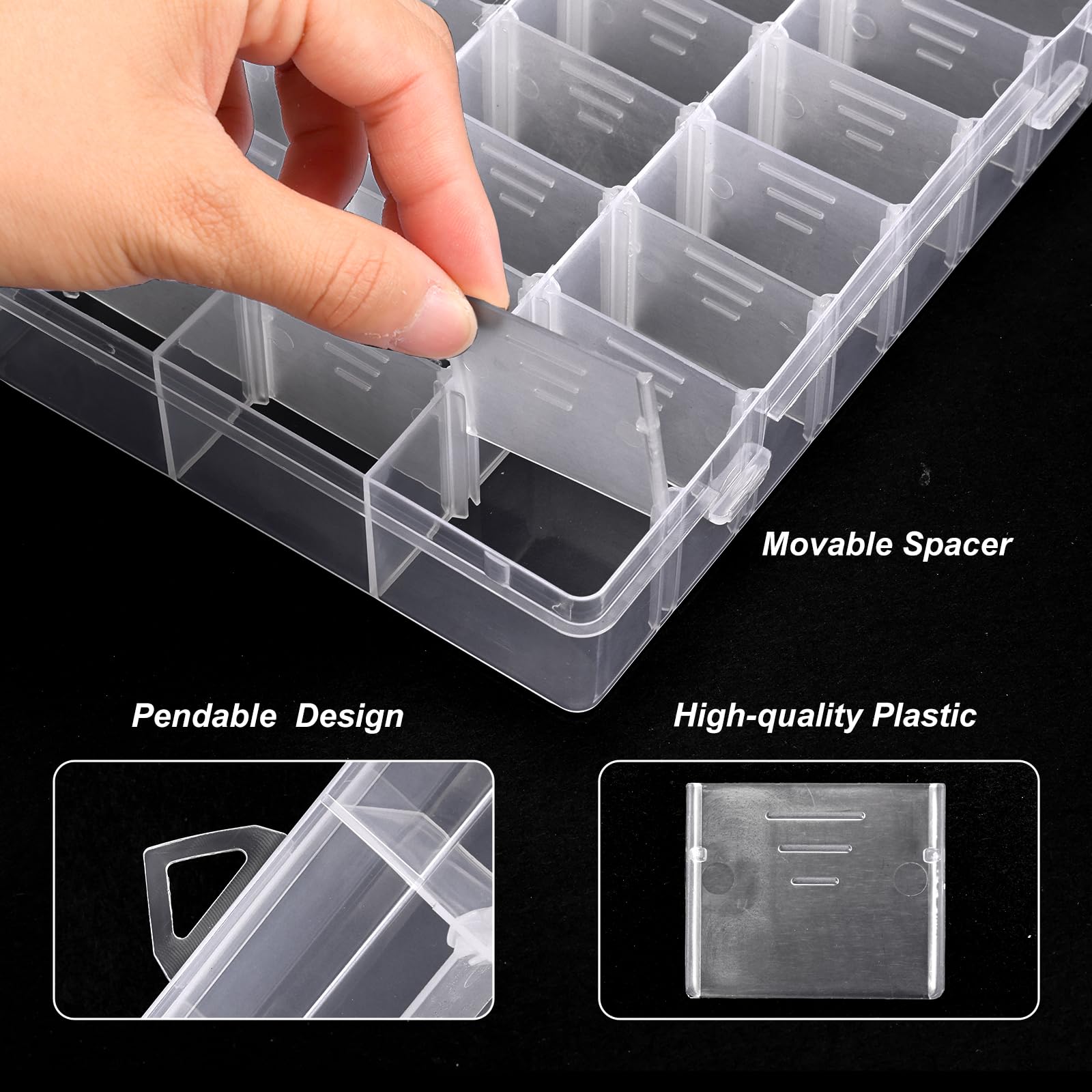 QUEFE 4 Packs 24 Grids Bead Organizer and Storage, Plastic Organizer Box with Removable Divider, Craft Organizer Box for Jewelry Small Parts Candies Snacks, with 8 Sheets of Label Stickers