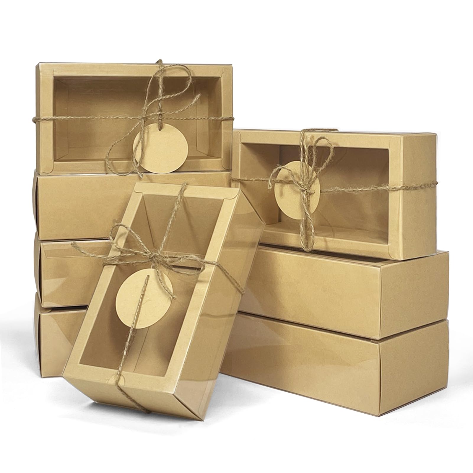 30 Pieces Kraft Paper Cardboard Boxes, 6.5x 3.5x 2 Inches Small Gift Boxes with Window, Homemade Soap Box with Blank Tags and Jute String, Party Favors Crafts Boxes