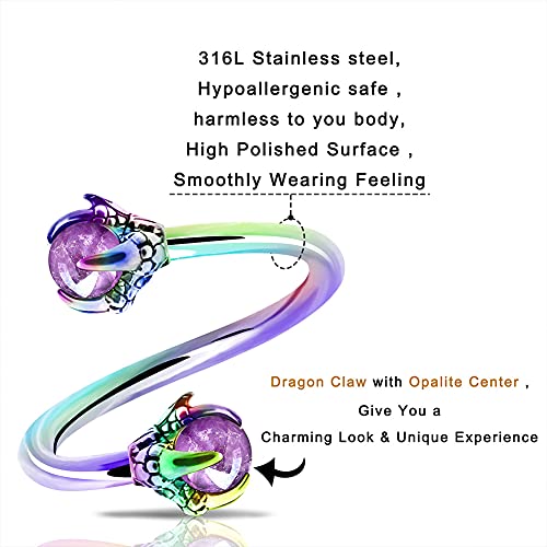 OUFER Twist Helix Earring 316L Stainless Steel Dragon Claw with Opalite Center 16G Twist Lip Labret Cartilage Upper Lobe Piercing Jewelry