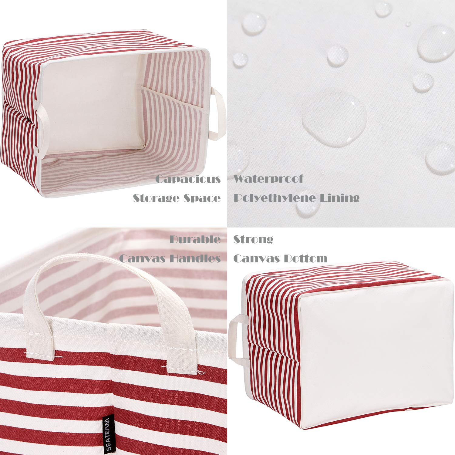 Sea Team Collapsible Canvas Fabric Storage Basket with Handles, Rectangle Waterproof Storage Bin, Box, Cube, Foldable Shelf Basket, Closet Organizer, 16.5 x 11.8 x 9.8 Inches, Red Stripe