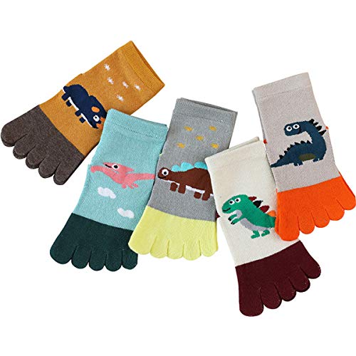 Petyoung 5 Pair Kids Toe Socks, Cartoon Five Finger Crew Ankle Sock Breathable Running Toe Socks for 0-10Y Boys and Girls