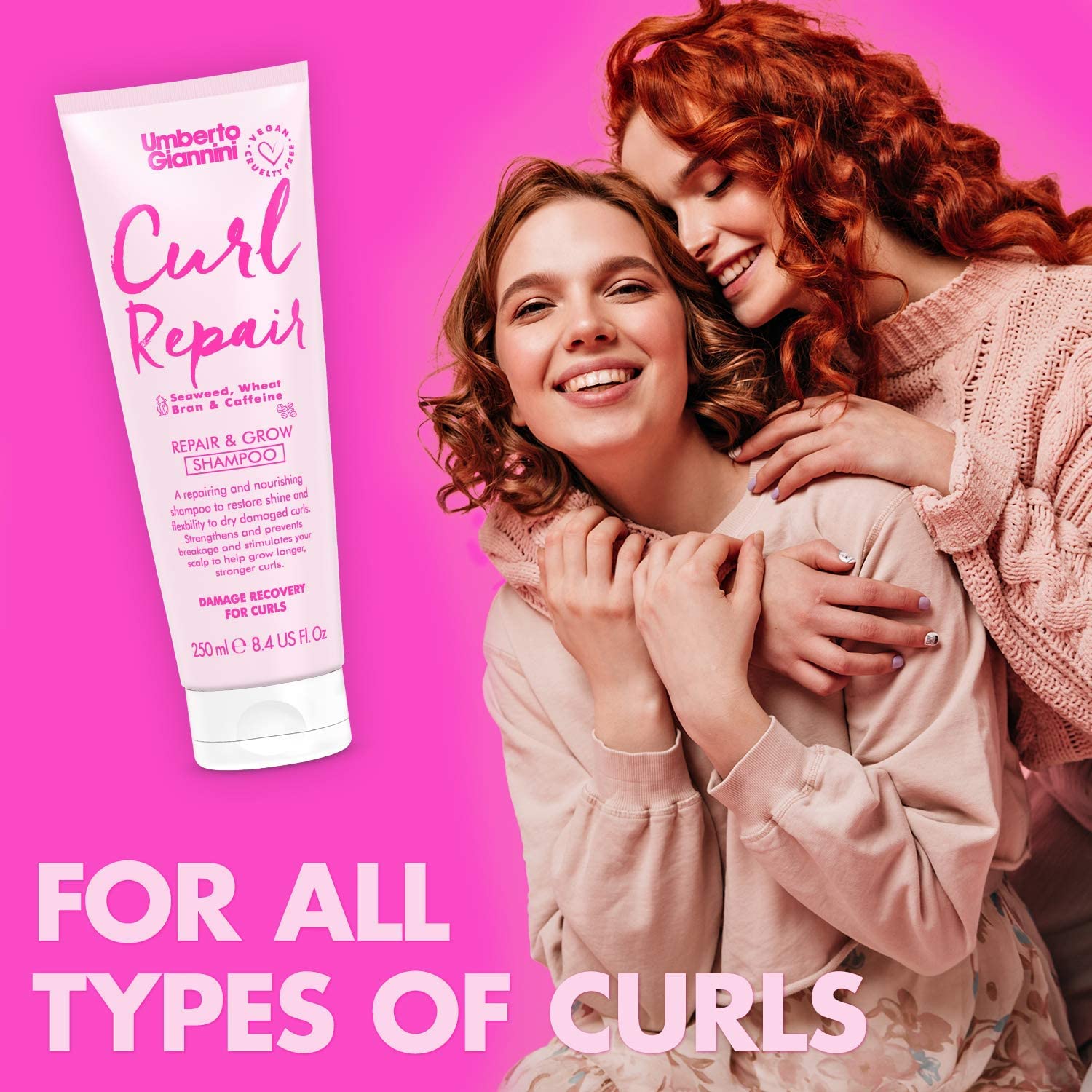 Umberto Giannini Curl Repair Shampoo, Vegan & Cruelty Free Repair & Growth Formula with Seaweed, Wheat Bran & Caffeine, 250 ml