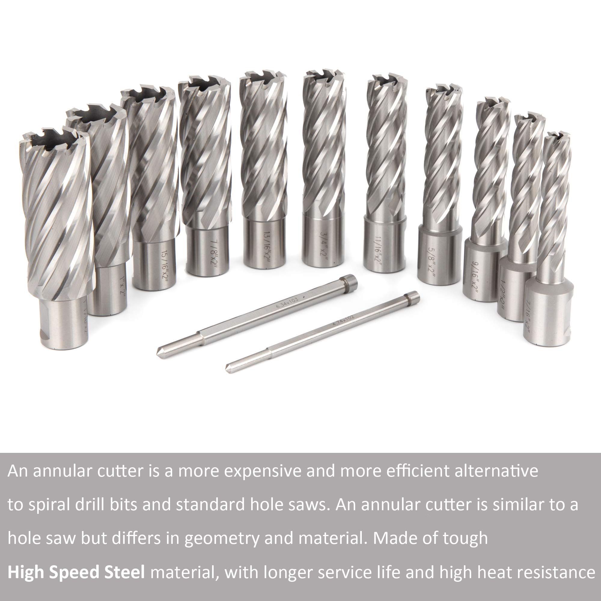 Muzerdo 13pcs Weldon Shank 2" Cutting Depth and Diameter Annular Cutter Set for Magnetic Drill Press HSS Standard Kit Two Flat