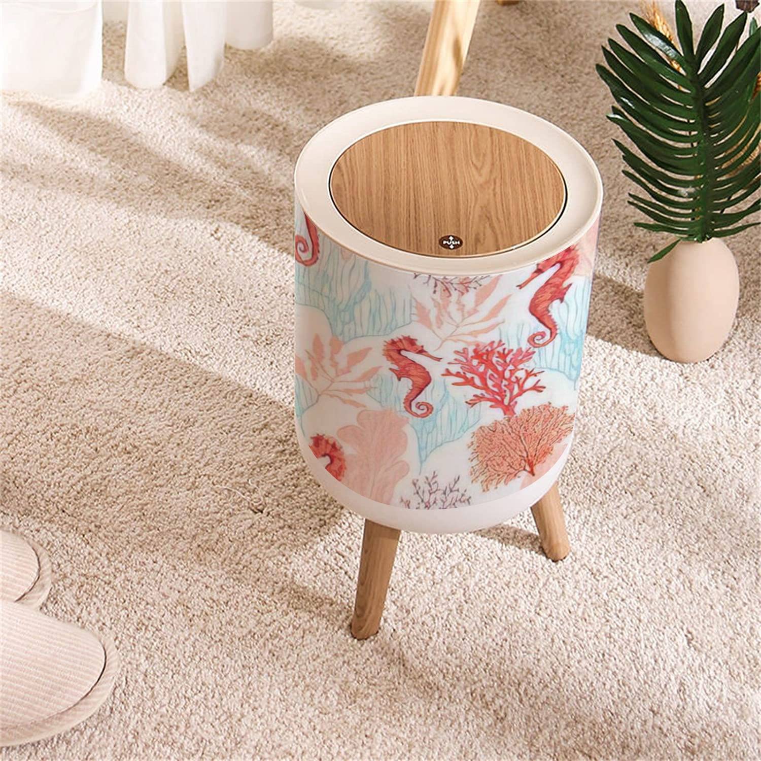 Small Trash Can with Lid Beautiful seamless tropical with corals sea horse Abstract geometric Round Recycle Bin Press Top Dog Proof Wastebasket for Kitchen Bathroom Bedroom Office 7L/1.8 Gallon