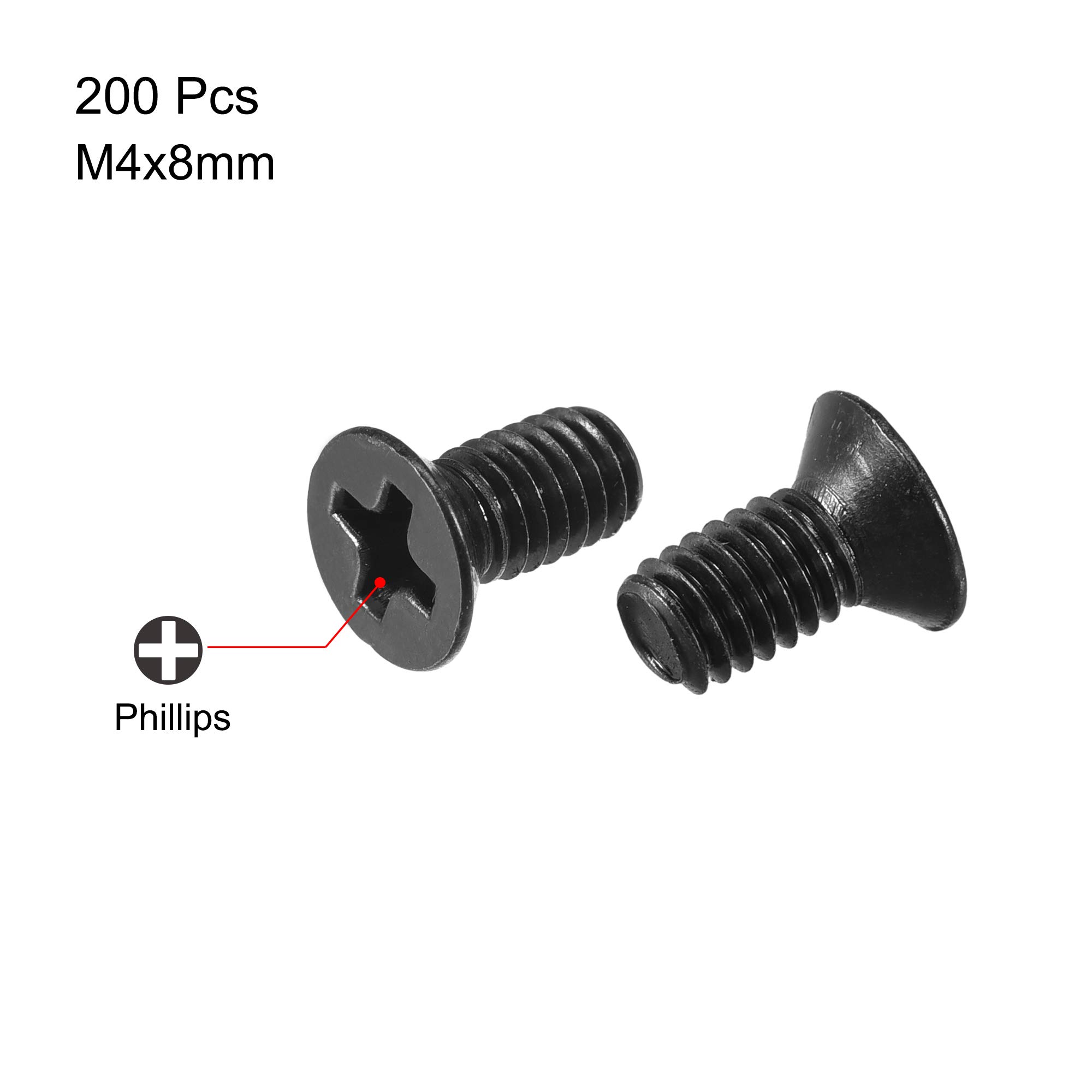 uxcell M4 x 8mm Phillips Screw Fastener Black for Laptop PC TV Fan Switch 200pcs