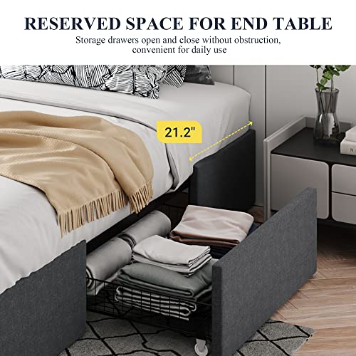 Allewie Full Size Platform Bed Frame with 3 Storage Drawers, Fabric Upholstered, Wooden Slats Support, No Box Spring Needed, Noise Free, Easy Assembly, Dark Grey