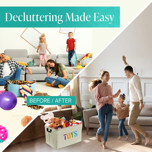 Woffit Toy Organizer Baskets - Set of 2 Collapsible Kids Toy Boxes w/Leather Handles - Living Room, Nursery and Playroom Storage & Organization, Beige