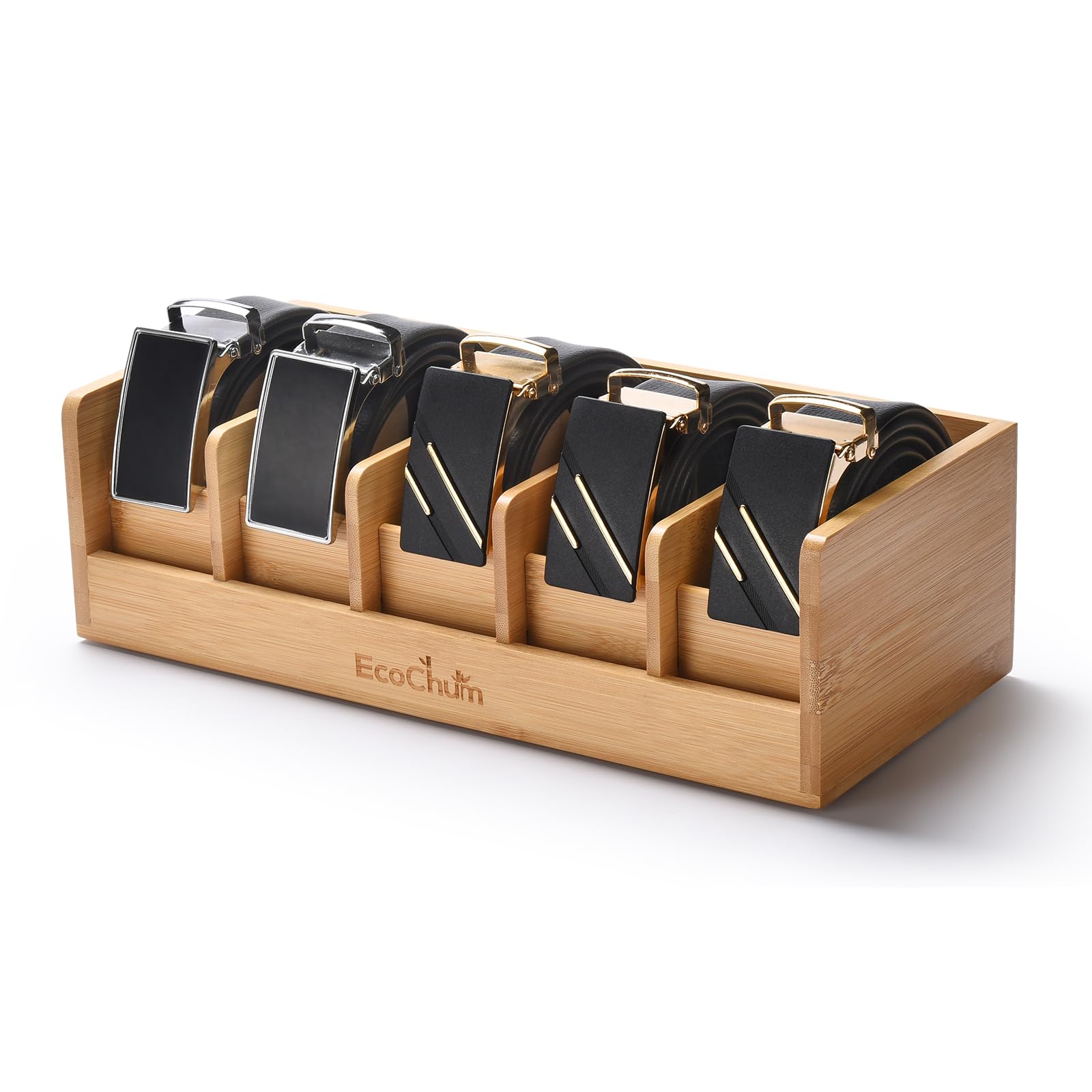 EcoChum Bamboo Belt Organizer Box - Storage Grid to Display 5 Belts - Belt Organizer for Closet and Drawer Organizers, Mount Rack for Wall - Belt Holder for Men and Women (Natural Bamboo)