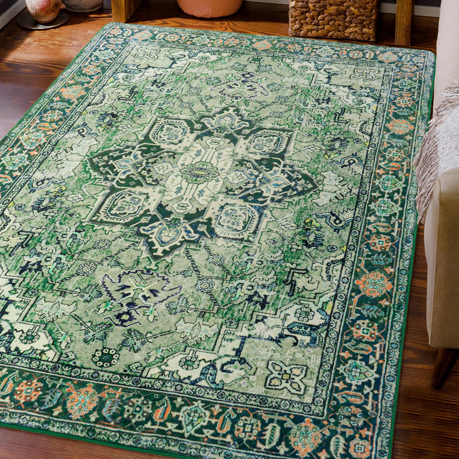 Toneed Vintage Area Rugs 4x6, Dark Green Washable Rug Non Slip Low Pile Carpet for Bedroom Living Room Kitchen Entryway Bathroom Laundry Decor
