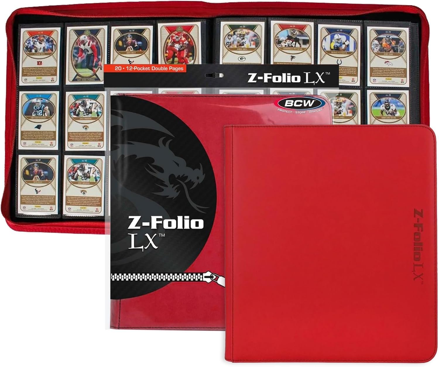 BCW Z-Folio LX Zipper Portfolio - Premium Red Leatherette 12-Pocket Playset Album - Secure Zipper - 480 Card Capacity - Card Collector's Dream - Card Organizer - Trading Card Storage