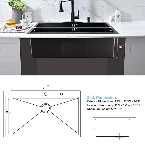 33 Inch Black Drop In Kitchen Sink Workstation-Bokaiya 33x22 Drop In Workstation Kitchen Sink 16 Gauge Stainless SteelSingle Bowl Kitchen Sink with Cutting Board