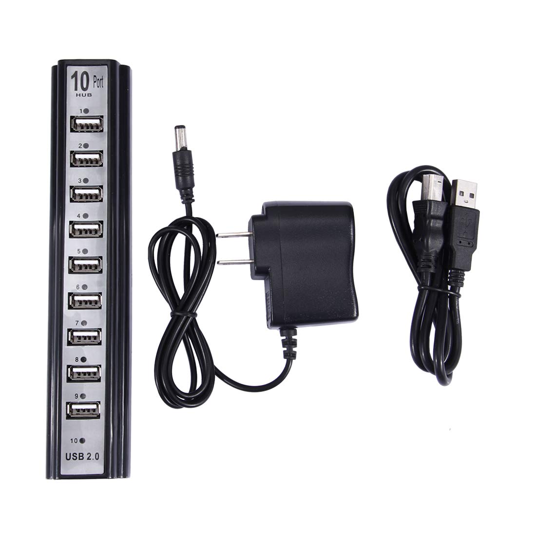 JSANSUI Distributor hub 10-Port USB2.0 HUB Splitter Computer with USB Power Extension Multi-Interface, USB2.0 High-Speed Multi-hub Extension and Power Adapter (Silver)