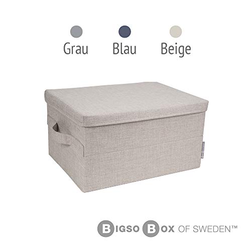 Bigso Box of Sweden Small Storage Box with Lid and Handle - Fabric Storage Box Made of Polyester and Cardboard in Linen Look - Folding Container for Clothes, Accessories, Toys etc. - Beige