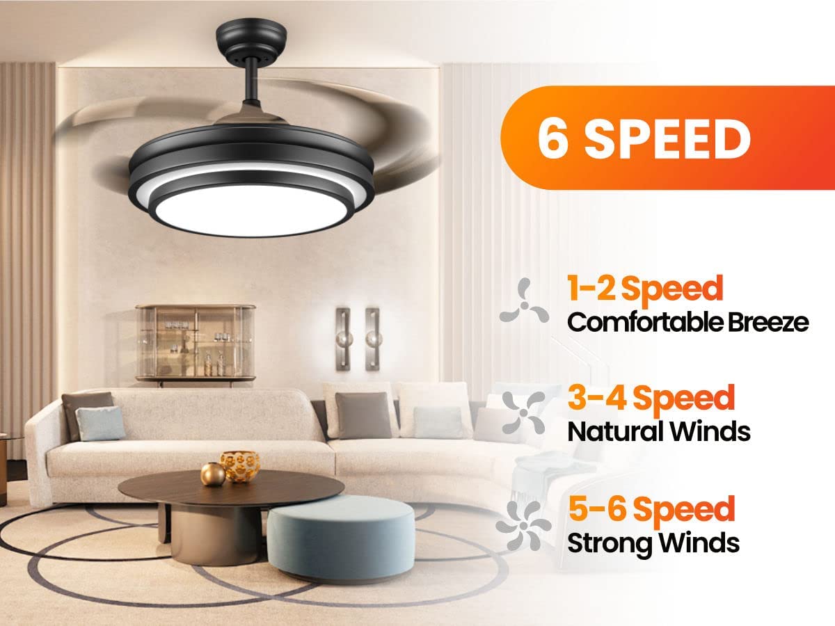 42 Inch Black Modern Ceiling Fan with Lights and Remote Retractable Fandelier Ceiling Fan 6 Speed Dimmable Memory LED Ceiling Fan Silent Reversible APP Control Smart Ceiling Fan for Bedroom Kitchen