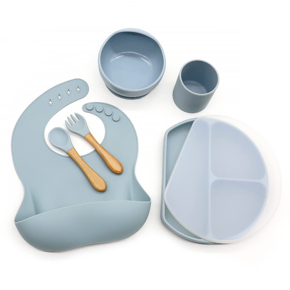 7 piece Baby Feeding Set includes spoon fork bib bowl plate with lid and cup (Gift Boxed) (dusty blue)