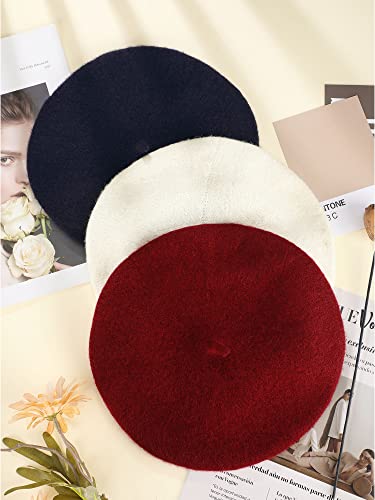 3 Pieces Beret Hat French Style Beanie Cap Solid Color Winter Hat for Women and Girls Casual Use (Navy, White, Burgundy)