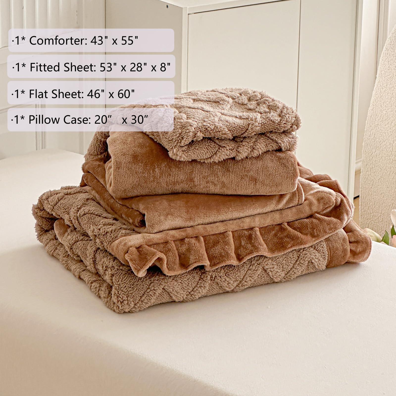 AIKASY Velvet Toddler Bedding Set 4 Piece -Jacquard Plush and Ruffled Fringe Comforter, Flat Sheet, Fitted Sheet and Pillowcase- Suitable for Boys and Girls (Coffee)