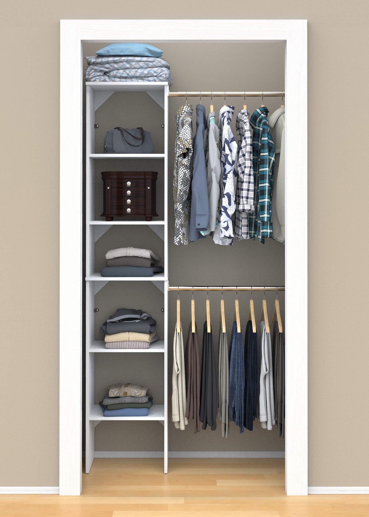 ClosetMaid SuiteSymphony Wood Closet Organizer Starter Kit with Tower and 3 Hang Rods, Shelves, Adjustable, Fits Spaces 4 – 9 ft. Wide, Pure White, 16"