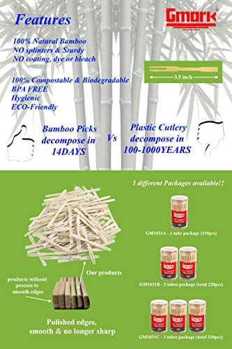 Gmark Bamboo Forks 3.5 Inch 110pc, Mini Food Picks/Bamboo Fruit Picks/Mini Cocktail Forks/Party Forks/Buffet Mini Forks/Two Prongs Cocktail Picks for Appetizer, Cocktail, Pastry, Dessert. GM1031A
