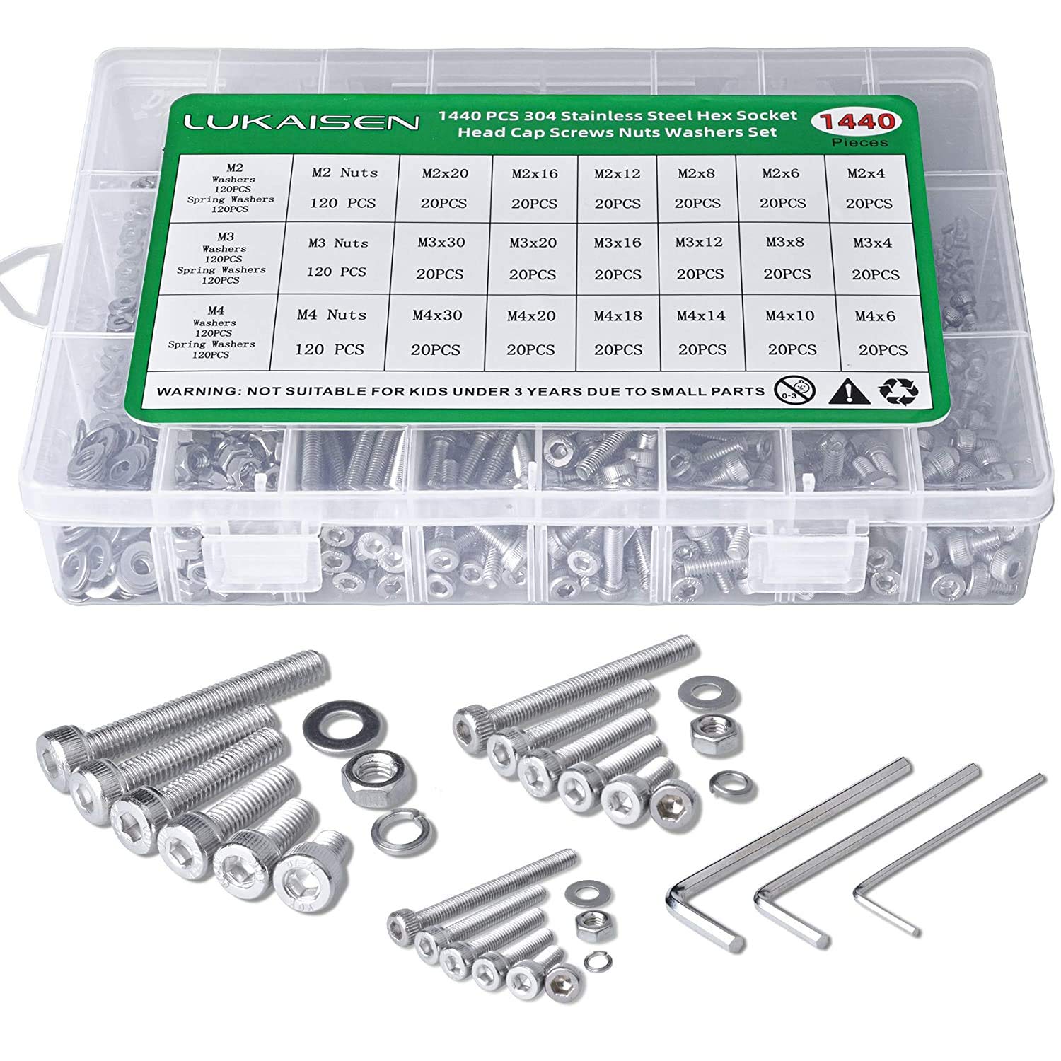 Screws and Nuts, 1440PCS M2 M3 M4 Metric Screw Assortment, 304 Stainless Steel Metric Bolts and Nuts Assortment Kit, Hex Socket Head Cap Flat Lock Washers Bolts Assortment Kit with 3 Wrenches